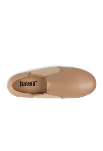 Balera Girls Tap Shoes Slip On Shoe with Leather and Stretch Inset Rubber Sole with Taps Caramel