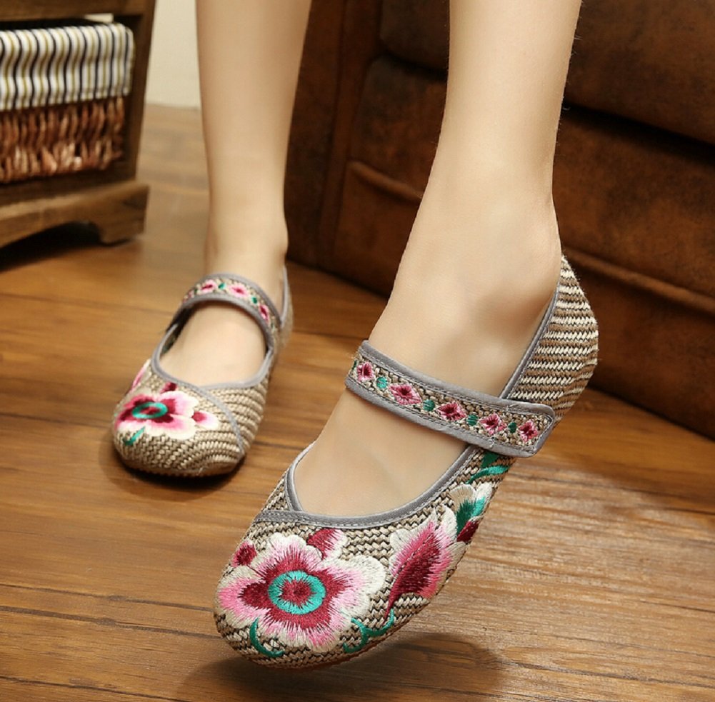 Lazutom Vintage Chinese Style Women Embroidered Shoes Mary Jane Flat Casual Ladies Mary Jane Qipao Dress Shoes (EU 39, Grey)