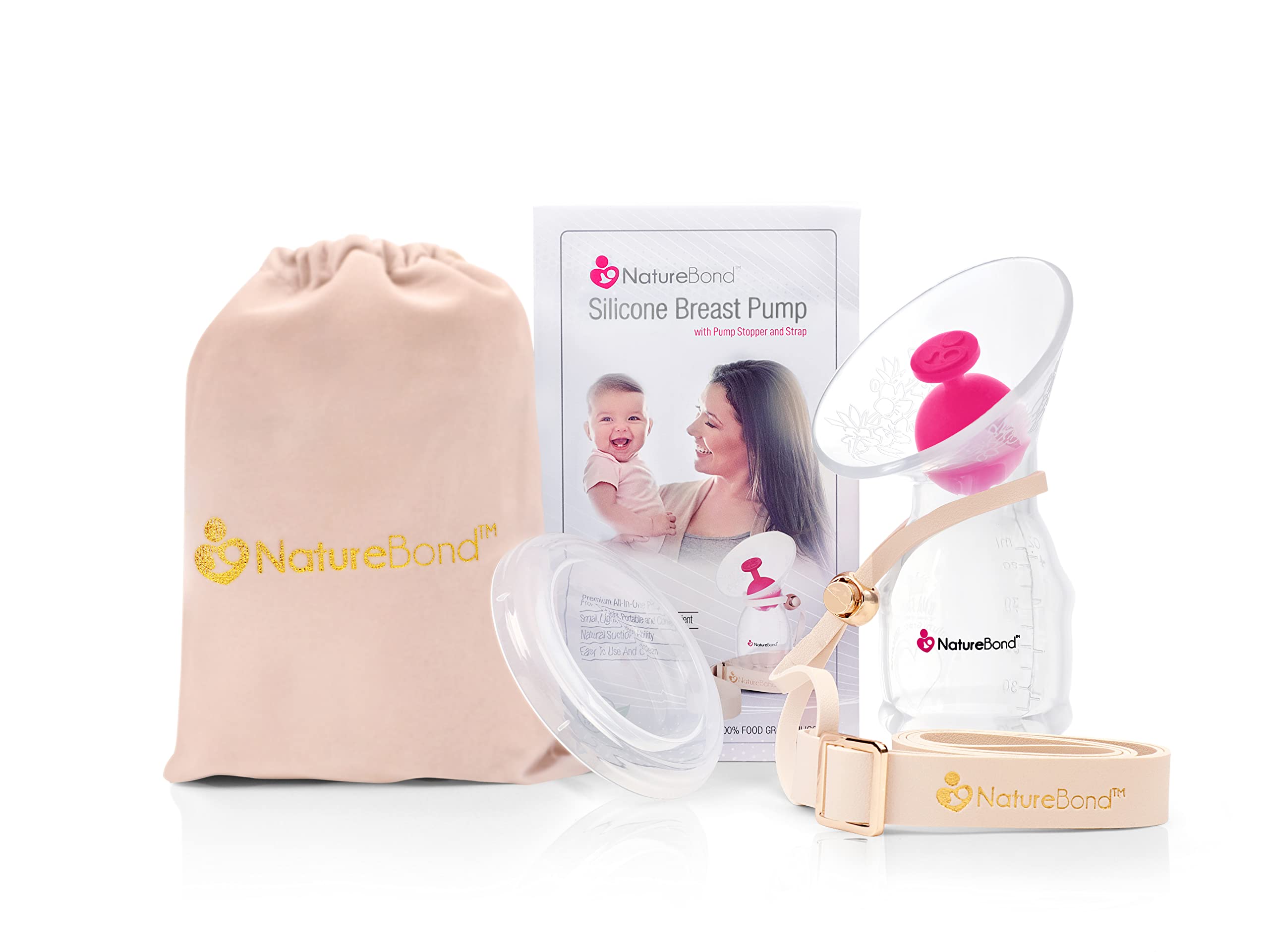 NatureBond Silicone Breast Pump with lid, Stopper, Strap, Pouch. Breastfeeding Essential Premium All in 1 Set. 3.4oz 100ml (Premium All-in-ONE)