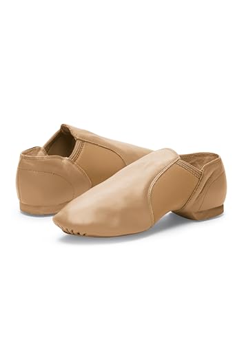 Balera Jazz Shoe Leather Slip On for Dance with Synthetic Rubber Split Sole Caramel