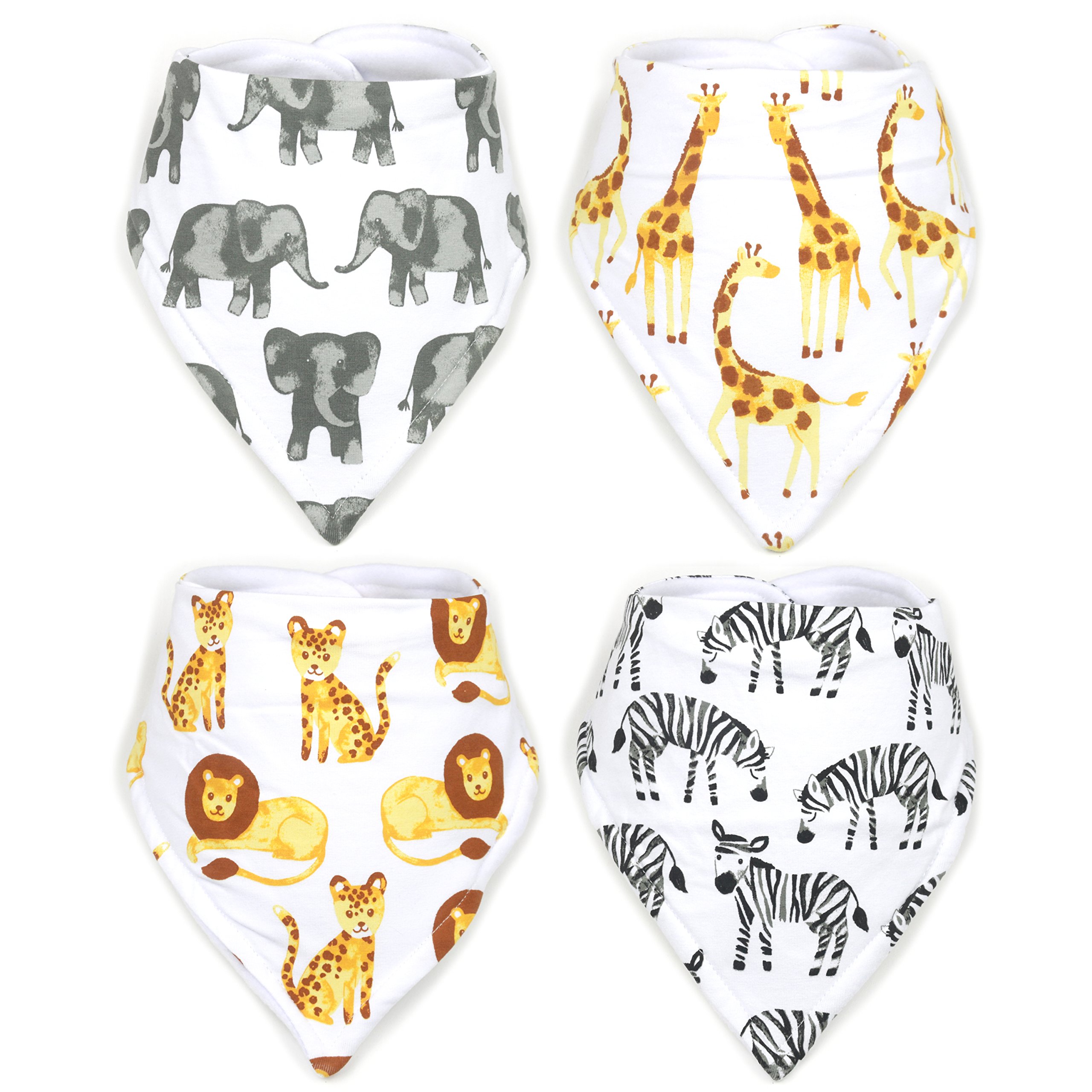 Stadela Baby 100% Cotton Bandana Drool Bibs for Drooling and Teething Nursery Burp Cloths 4 Pack Unisex Set for Girl and Boy – Safari Africa Jungle Animal Elephant Giraffe Lion Zebra