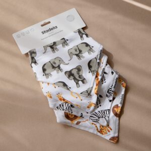 Stadela Baby 100% Cotton Bandana Drool Bibs for Drooling and Teething Nursery Burp Cloths 4 Pack Unisex Set for Girl and Boy – Safari Africa Jungle Animal Elephant Giraffe Lion Zebra