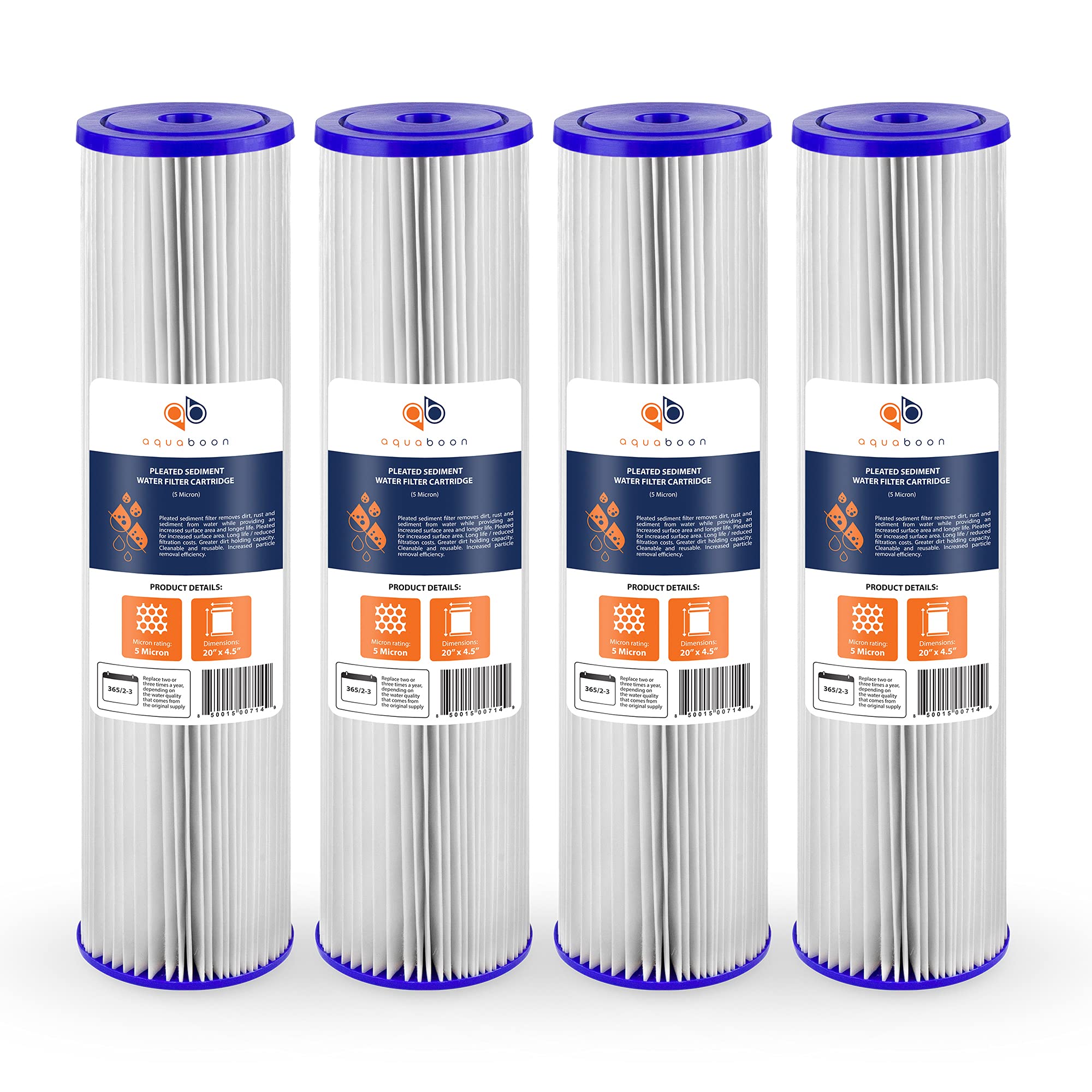 Aquaboon Whole House Sediment Water Filter - 4.5 x 20 Water Filter - 5 Micron Pleated Whole House Water Filter Cartridge Compatible w/AquaPure AP810 2, Pentek ECP5-BB, Hydronix SPC-45-1005 (4 Pack)