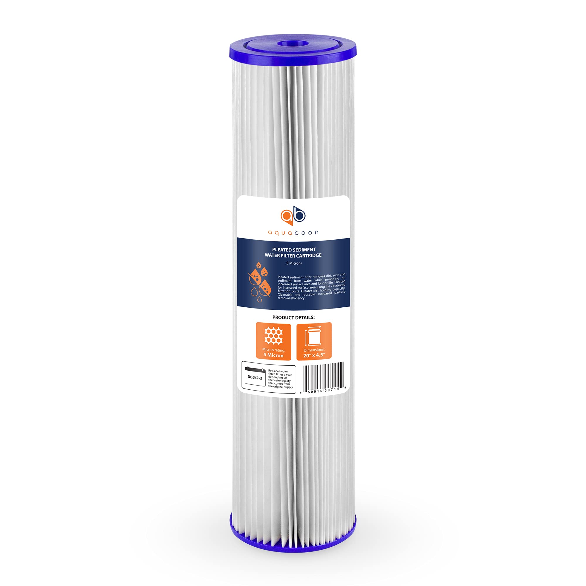 Aquaboon Whole House Sediment Water Filter - 4.5 x 20 Water Filter - 5 Micron Pleated Whole House Water Filter Cartridge Compatible w/AquaPure AP810 2, Pentek ECP5-BB, Hydronix SPC-45-1005 (4 Pack)