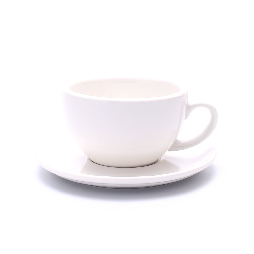 Coffeezone Latte Art Ceramic Cup and Saucer Cappuccino Fine Porcelain, Mate for Coffee Shop and Barista (Glossy White, 10.5 oz)