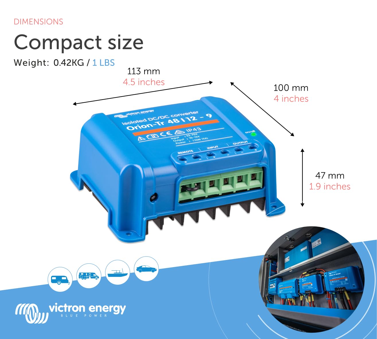 Victron Energy Orion-Tr IP43 48/12-Volt 9 amp 110-Watt Isolated DC-DC Converter