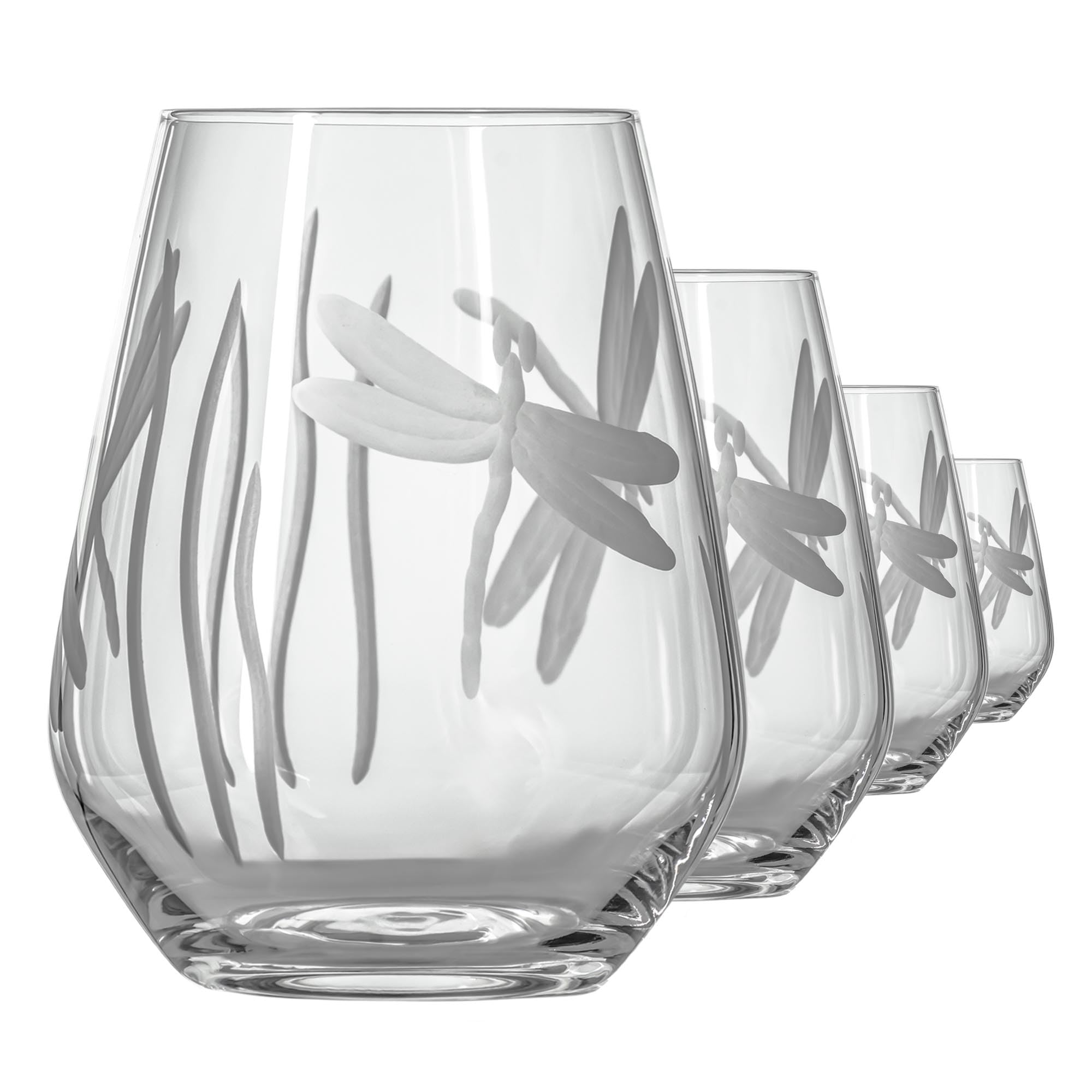 Rolf Glass Dragonfly Stemless Wine Glass 18oz - Set of 4 Tumbler Wine Glasses - Lead-Free Glass - Etched Stemless Wine Glasses - Made in the USA - A Classic