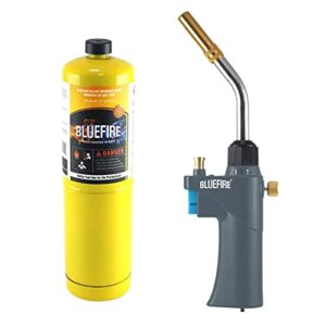 bluefire bts-8090 auto on/off trigger start heavy duty gas welding torch head adjustable swirl flame hand hold portable fuel by mapp/map pro/propane 1lb bottle tank (torch kit with mapp cylinder)