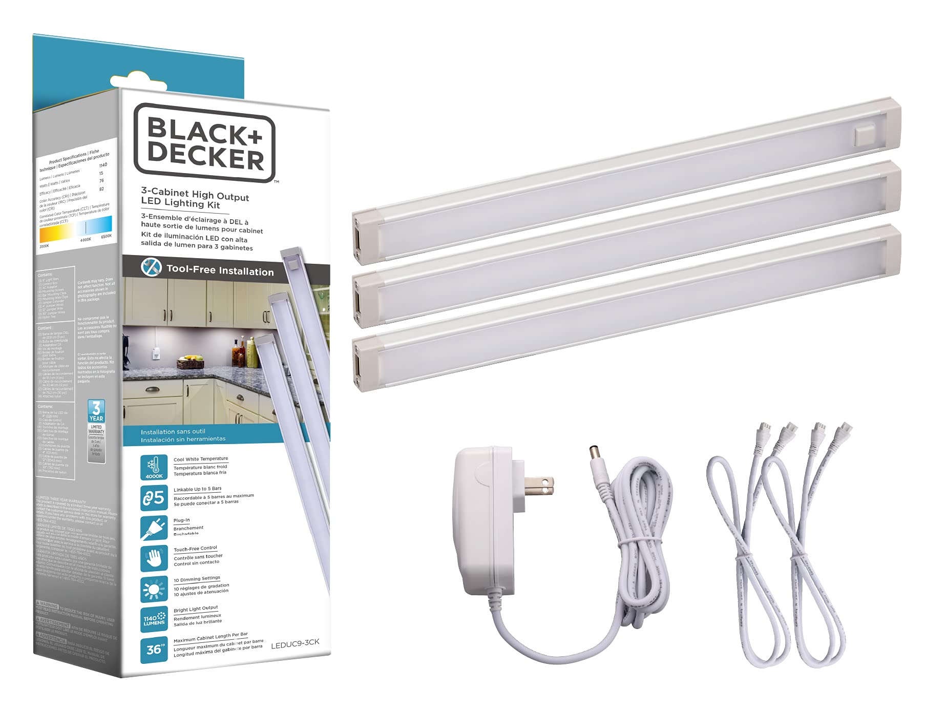 BLACK+DECKER LEDUC9-3CK LED Under Cabinet Kit with Motion Sensor, Dimmable Kitchen Accent Lights, Tool-Free Install, Cool White 4000k, 9" Length, 9"