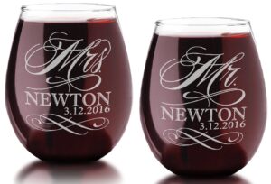 set of two custom mr and mrs with last name date stemless wine glass 21 oz classy wedding bride groom future married couple christmas gift