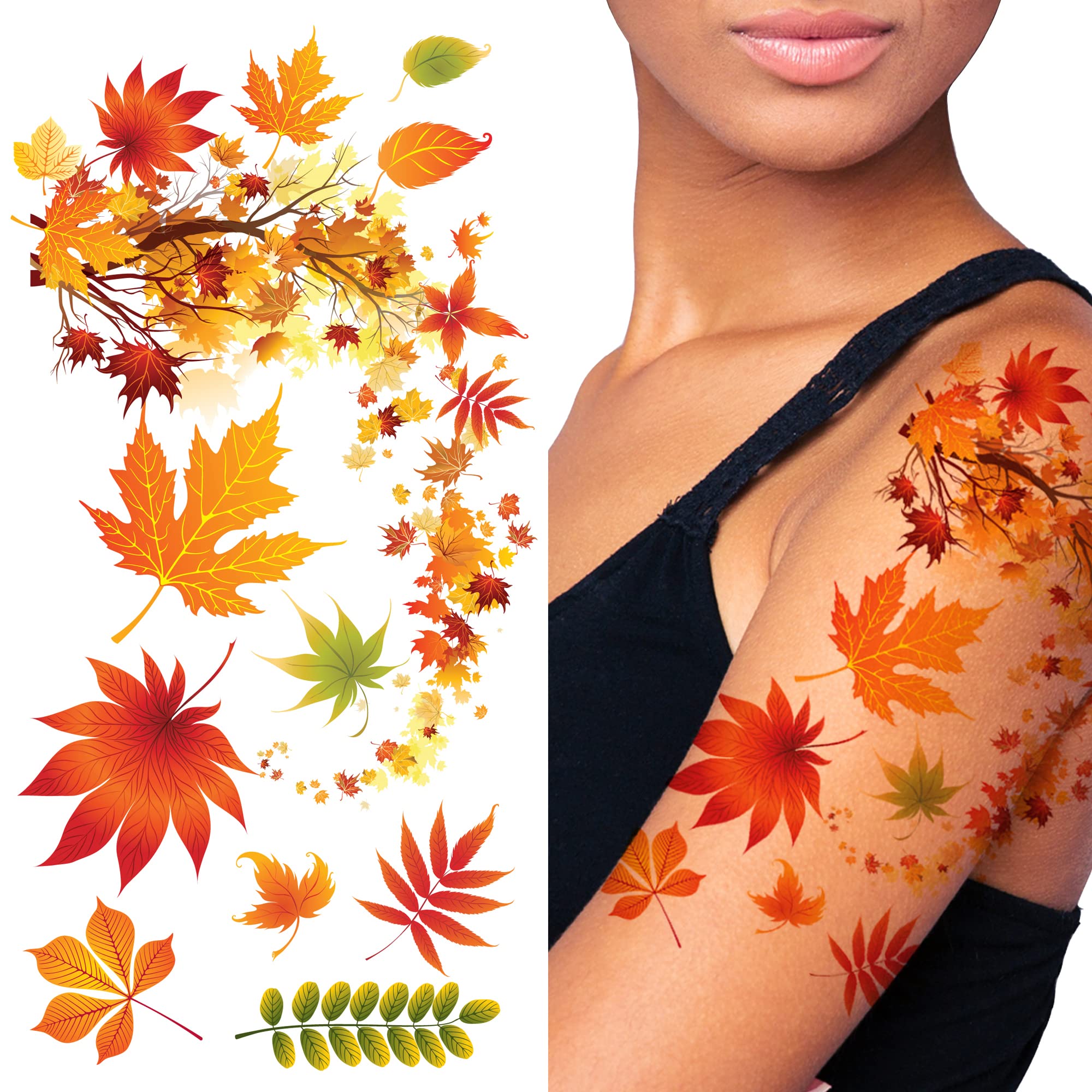 Supperb® Flower & Autumn Leaves Temporary Tattoos Gorgeous Color Tattoos (Fall In Love)