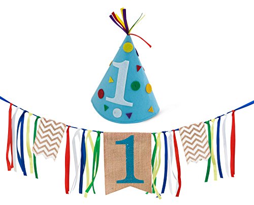 Boy First Birthday Decorations - 1st Birthday - Burlap Highchair Banner and Felt Hat Pack