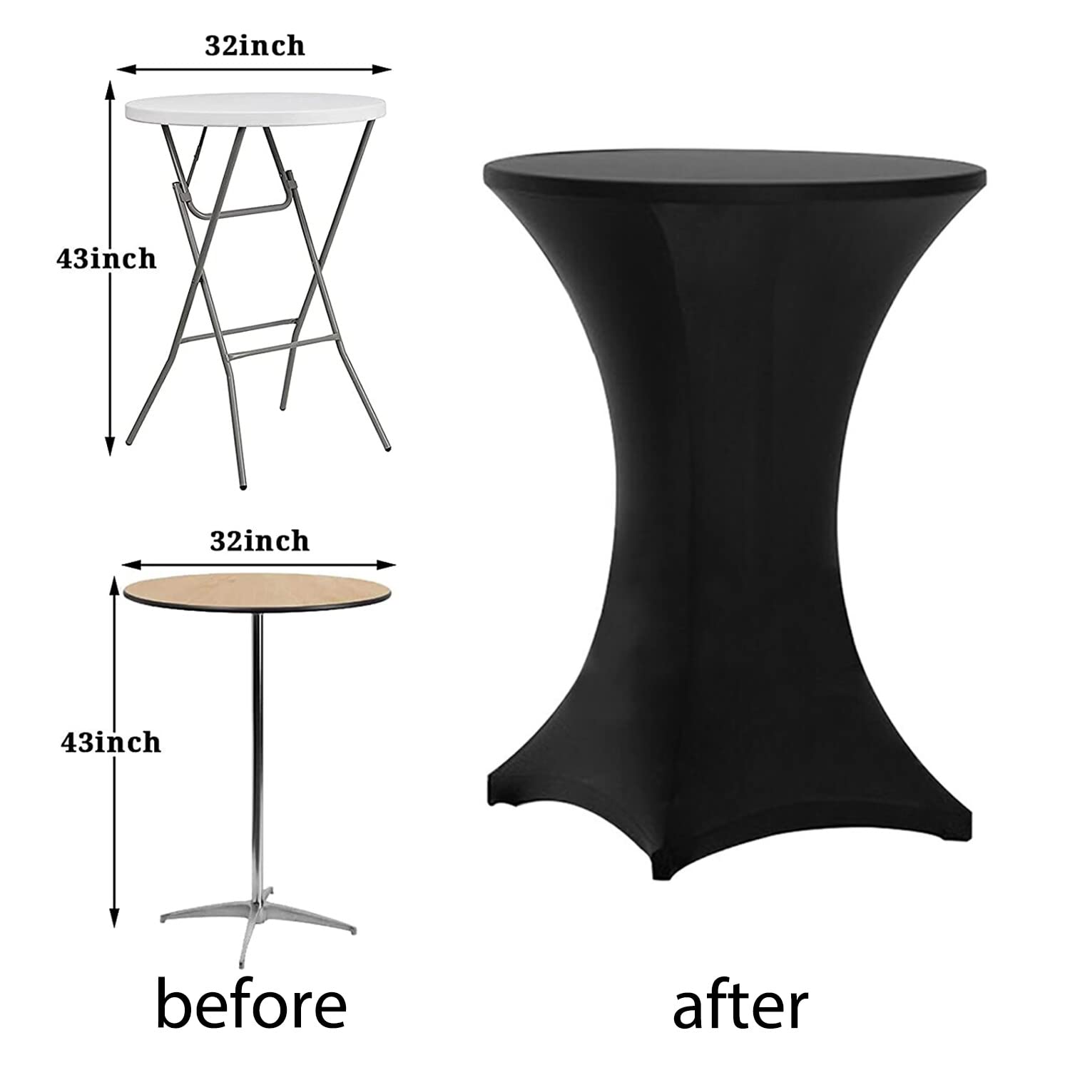 Tina's 32x43 Inch Highboy Spandex Cocktail Table Covers Black, Cocktail Table Spandex Covers, Fitted Stretch Cocktail Table Tablecloth for Round Tables