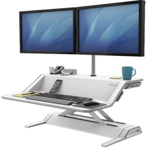 fellowes lotus sit-stand workstation desk, adjustable, pre-assembled, white