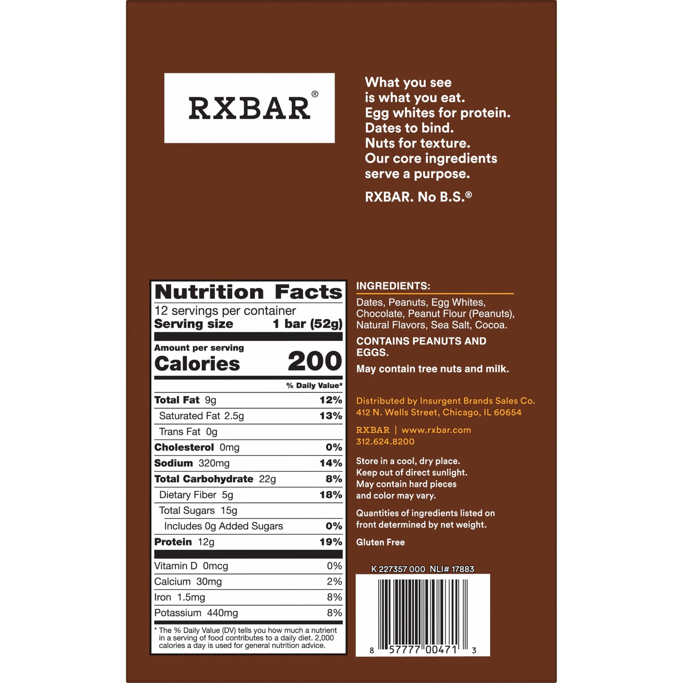 RXBAR Protein Bars, Protein Snack, Snack Bars, Peanut Butter Chocolate, 22oz Box (12 Bars)