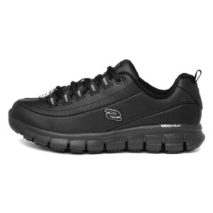 skechers women's sure track-trickel work shoes, black leather, 7