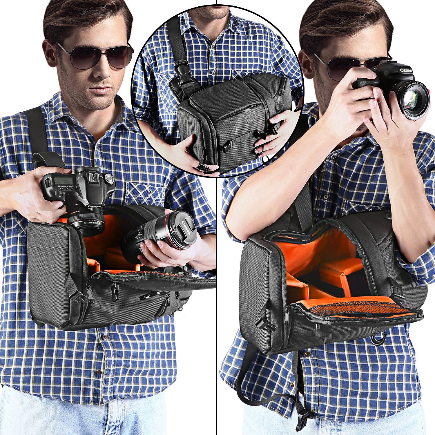 Neewer Professional Camera Case Sling Backpack for Nikon Canon Sony and Other DSLR Cameras and Lens,Tripod,Other Accessories,Durable Waterproof and Tear Proof Bag with Padded Dividers(Orange Interior)