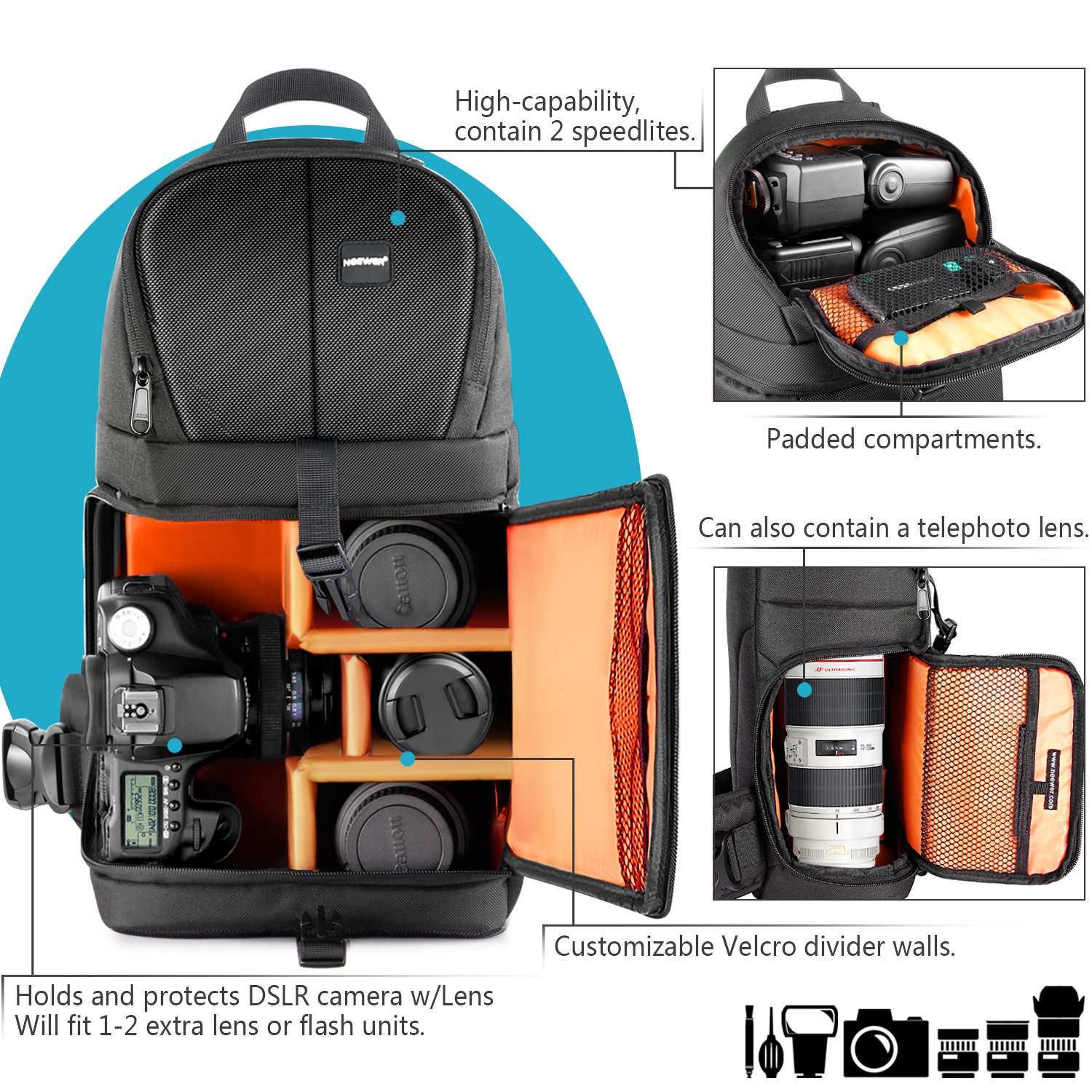 Neewer Professional Camera Case Sling Backpack for Nikon Canon Sony and Other DSLR Cameras and Lens,Tripod,Other Accessories,Durable Waterproof and Tear Proof Bag with Padded Dividers(Orange Interior)