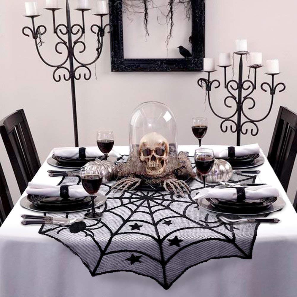 OurWarm 40-Inch Black Spider Lace Table Topper Cloth, Round Polyester Halloween Tablecloth for Halloween Table Decorations