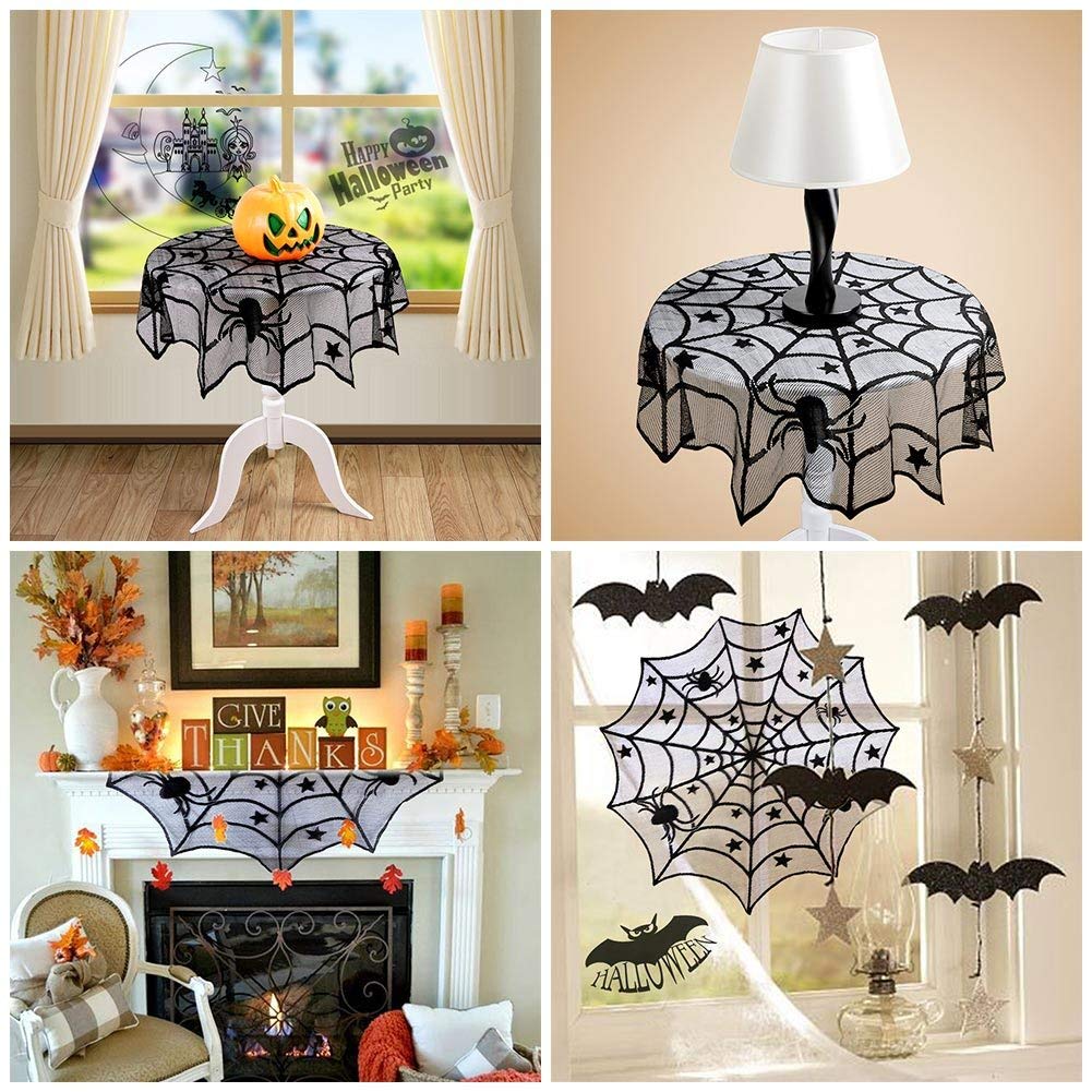 OurWarm 40-Inch Black Spider Lace Table Topper Cloth, Round Polyester Halloween Tablecloth for Halloween Table Decorations