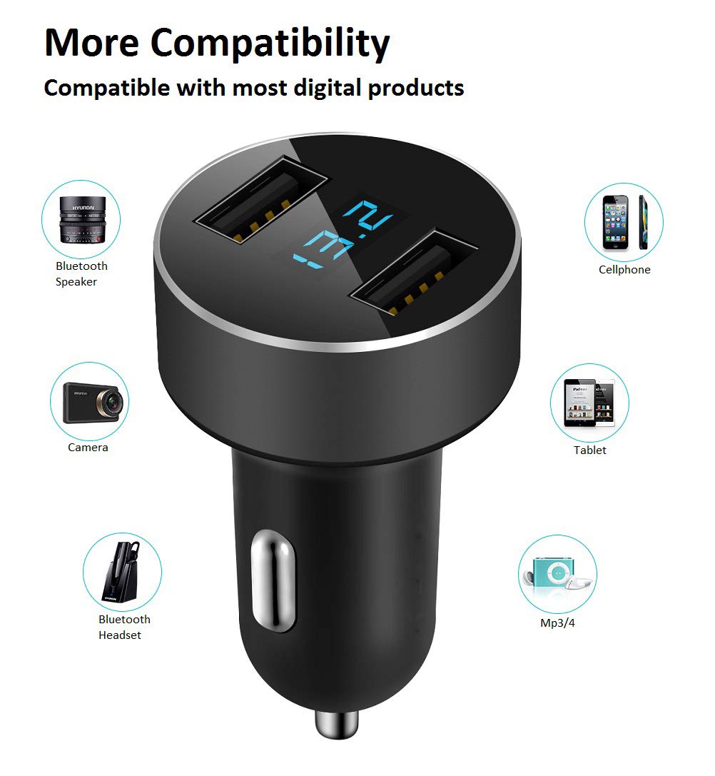 LIHAN Dual USB Car Charger, 4.8A Output, 12/24 Volt USB Adapter Plug for Cigarette Lighter Voltage Meter, Compatible with iPhone,iPad, Samsung Galaxy, LG, Google, Black