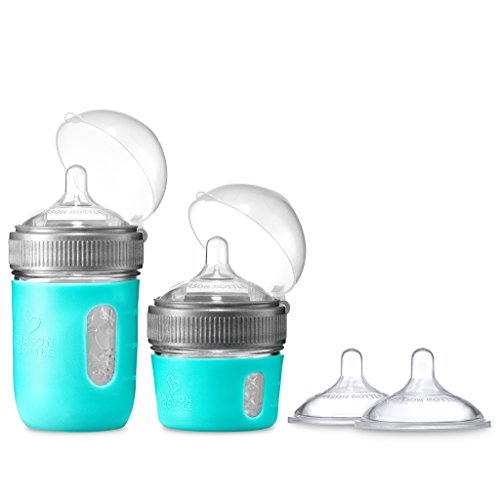 Mason Bottle - The Essential Gift Set: Glass Baby Bottles 4 and 8 Ounce, Silicone Sleeve, Slow-Flow Nipple (2 Pack), Non-Toxic, BPA and BPS Free, 100% Made in The USA (5 Items, Agave)