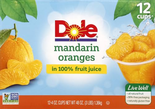 Dole Fruit Bowls Mandarin Oranges in 100% Juice Snacks, 4oz 12 Total Cups, Gluten & Dairy Free, Bulk Lunch Snacks for Kids & Adults