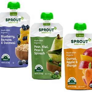 Sprout Organics, Stage 2 Variety Pack, Carrot Apple Mango, Pear Kiwi Peas Spinach & Blueberry Banana Oatmeal, 6+ Month Pouches, 3.5 oz (12-count)