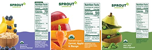 Sprout Organics, Stage 2 Variety Pack, Carrot Apple Mango, Pear Kiwi Peas Spinach & Blueberry Banana Oatmeal, 6+ Month Pouches, 3.5 oz (12-count)