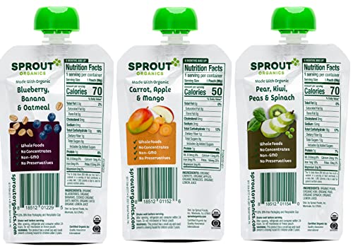 Sprout Organics, Stage 2 Variety Pack, Carrot Apple Mango, Pear Kiwi Peas Spinach & Blueberry Banana Oatmeal, 6+ Month Pouches, 3.5 oz (12-count)