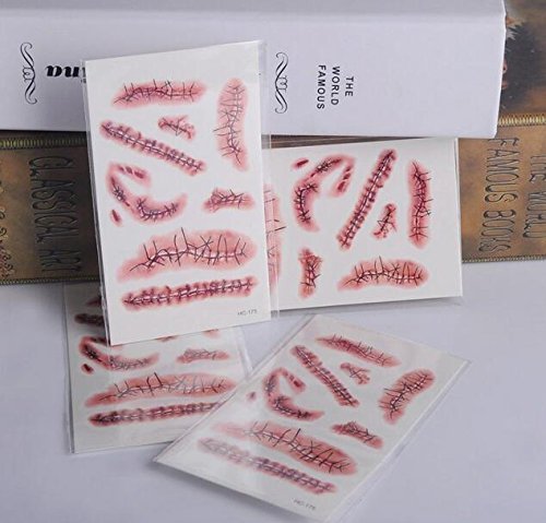 Tinuos Horror Realistic Fake Bloody Wound Stitch Scar Scab Waterproof Temporary Tattoo Sticker Halloween Masquerade Prank Makeup Props-5PC