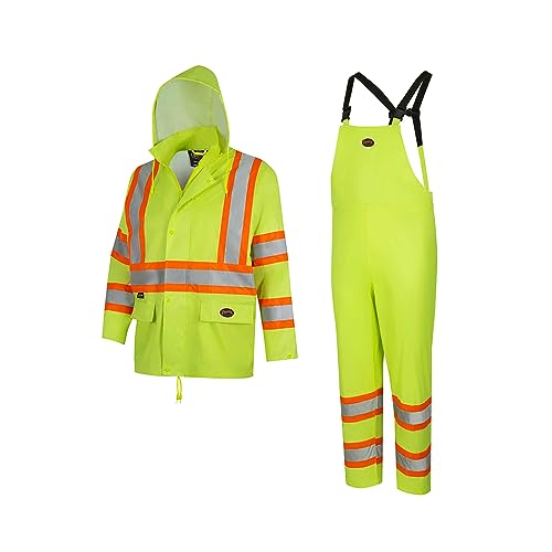 Pioneer High Visibility Safety Rain Suit, Lightweight, Waterproof, Reflective Tape, Polyester PVC, Yellow/Green, Unisex, V1080160U-L, Large