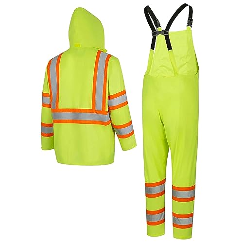 Pioneer High Visibility Safety Rain Suit, Lightweight, Waterproof, Reflective Tape, Polyester PVC, Yellow/Green, Unisex, V1080160U-L, Large