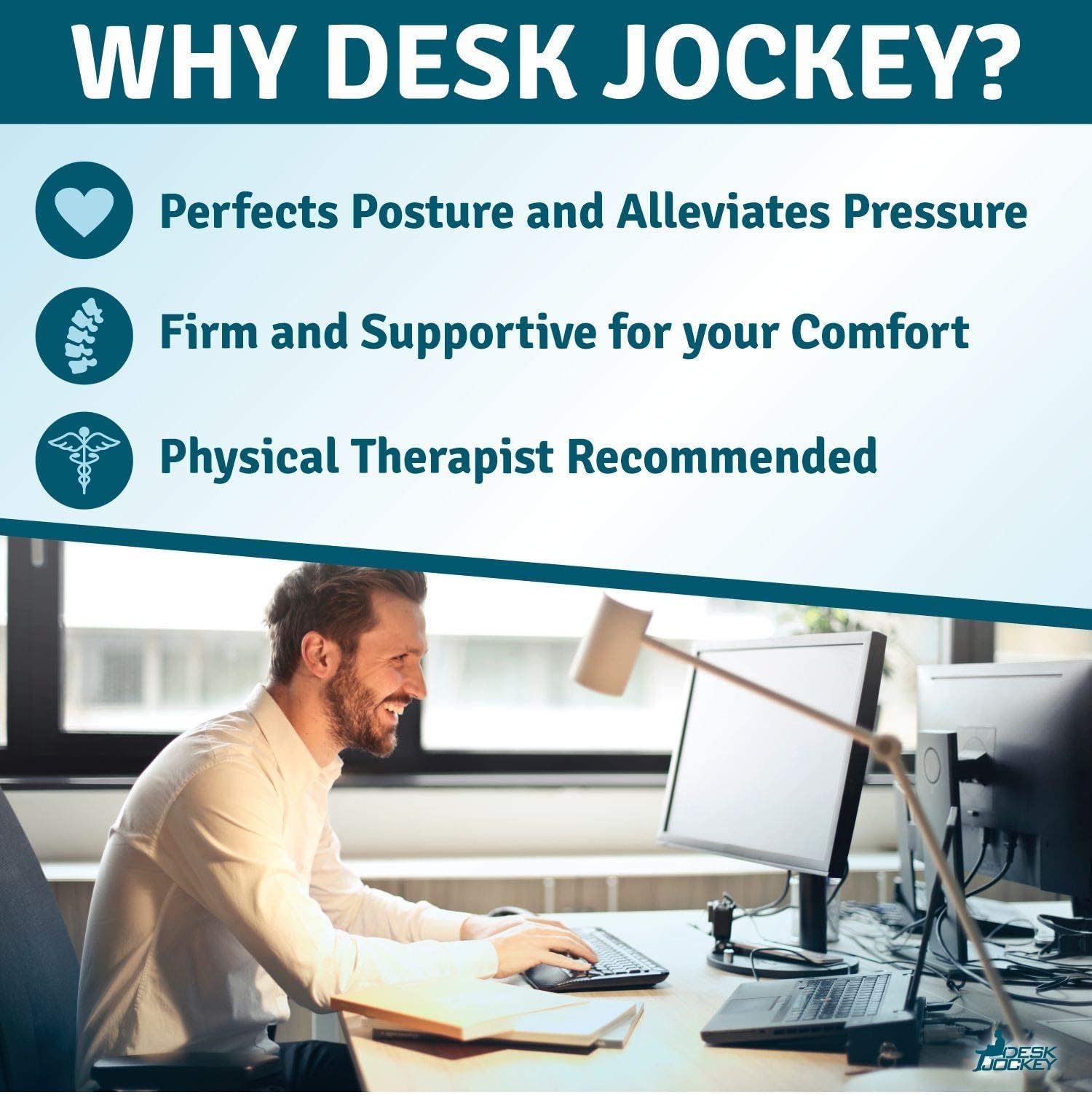 Desk Jockey Memory Foam Seat Cushion for Office Chairs, Recliners, and Wheelchairs - Posture Corrector for Sciatica Pain, Coccyx Cushion for Tailbone Pain, and Back Pain Relief