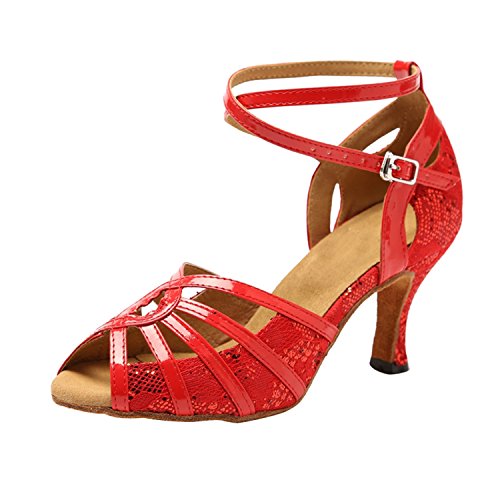 Minishion GL227 Women's Cross Strap Red Lace Latin Tango Ballroom Dance Shoes Wedding Prom Sandals 9 US