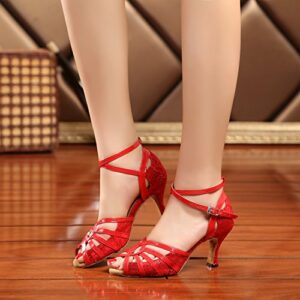 Minishion GL227 Women's Cross Strap Red Lace Latin Tango Ballroom Dance Shoes Wedding Prom Sandals 9 US