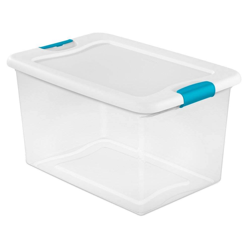 Sterilite 64 Qt Latching Storage Box, Stackable Bin with Latch Lid, Plastic Container to Organize Clothes in Closet, Clear with White Lid, 6-Pack