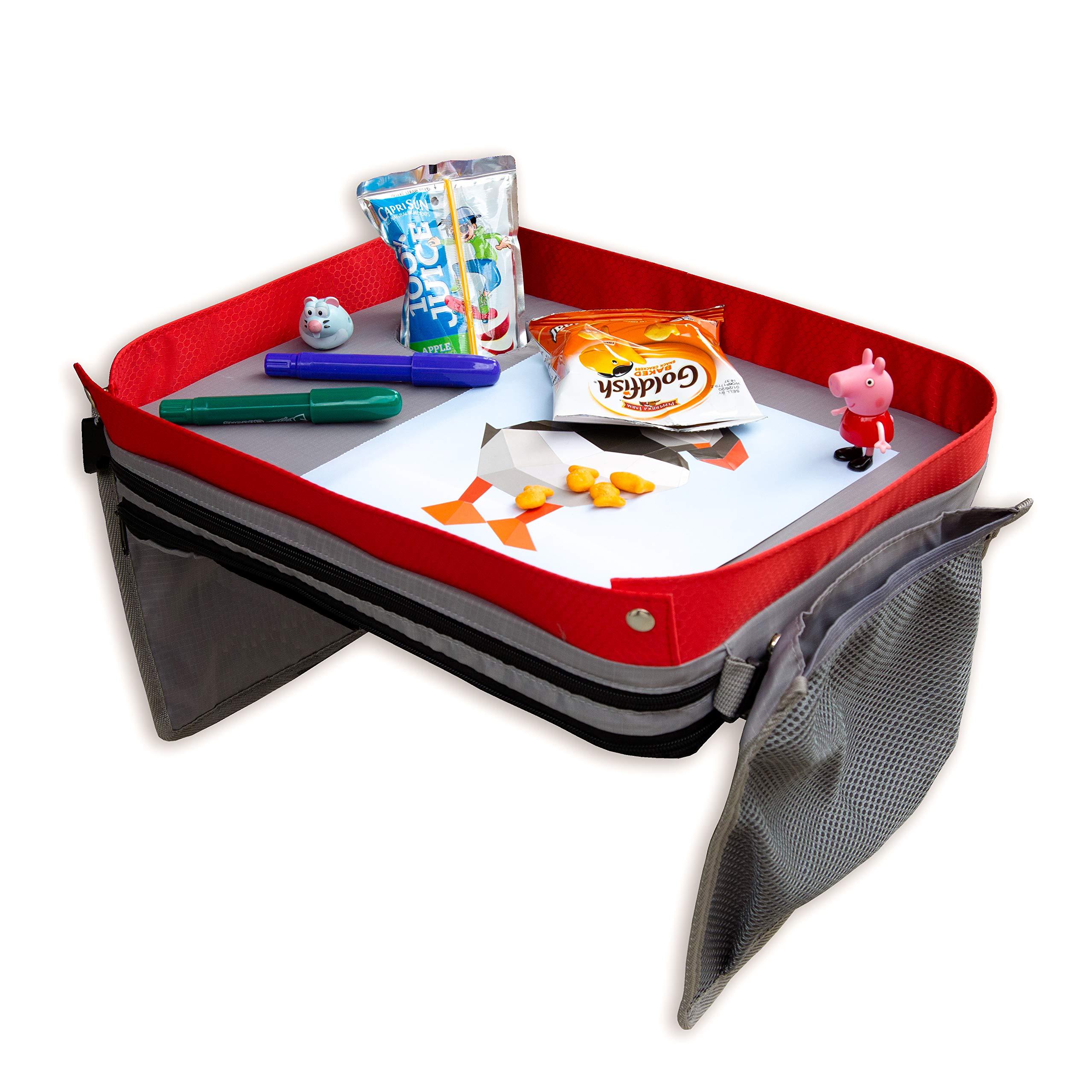 Kids E-Z Travel Lap Desk Tray by modFamily - Universal Fit for Car Seat, Stroller & Airplane - Organized Access to Drawing, Snacks, and Activities. Includes Bonus Printable Travel Games - (Red)