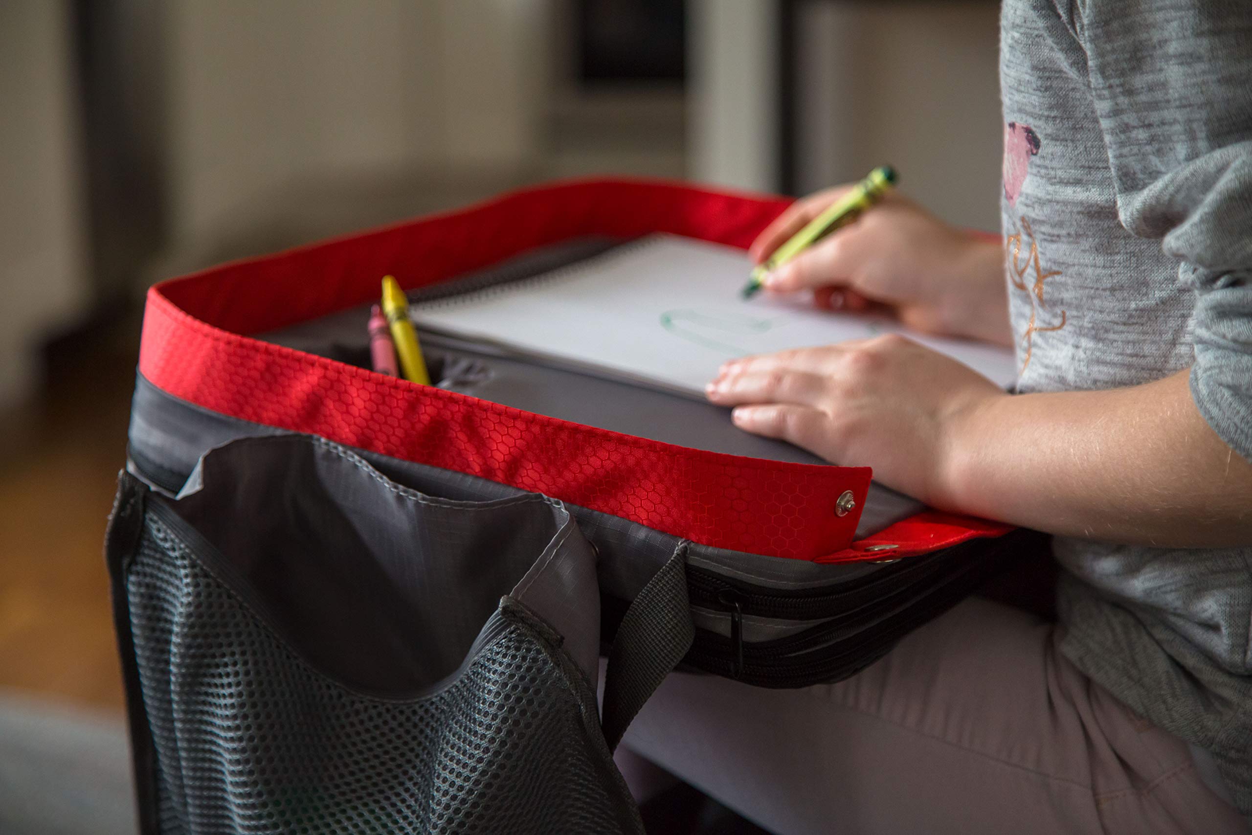 Kids E-Z Travel Lap Desk Tray by modFamily - Universal Fit for Car Seat, Stroller & Airplane - Organized Access to Drawing, Snacks, and Activities. Includes Bonus Printable Travel Games - (Red)