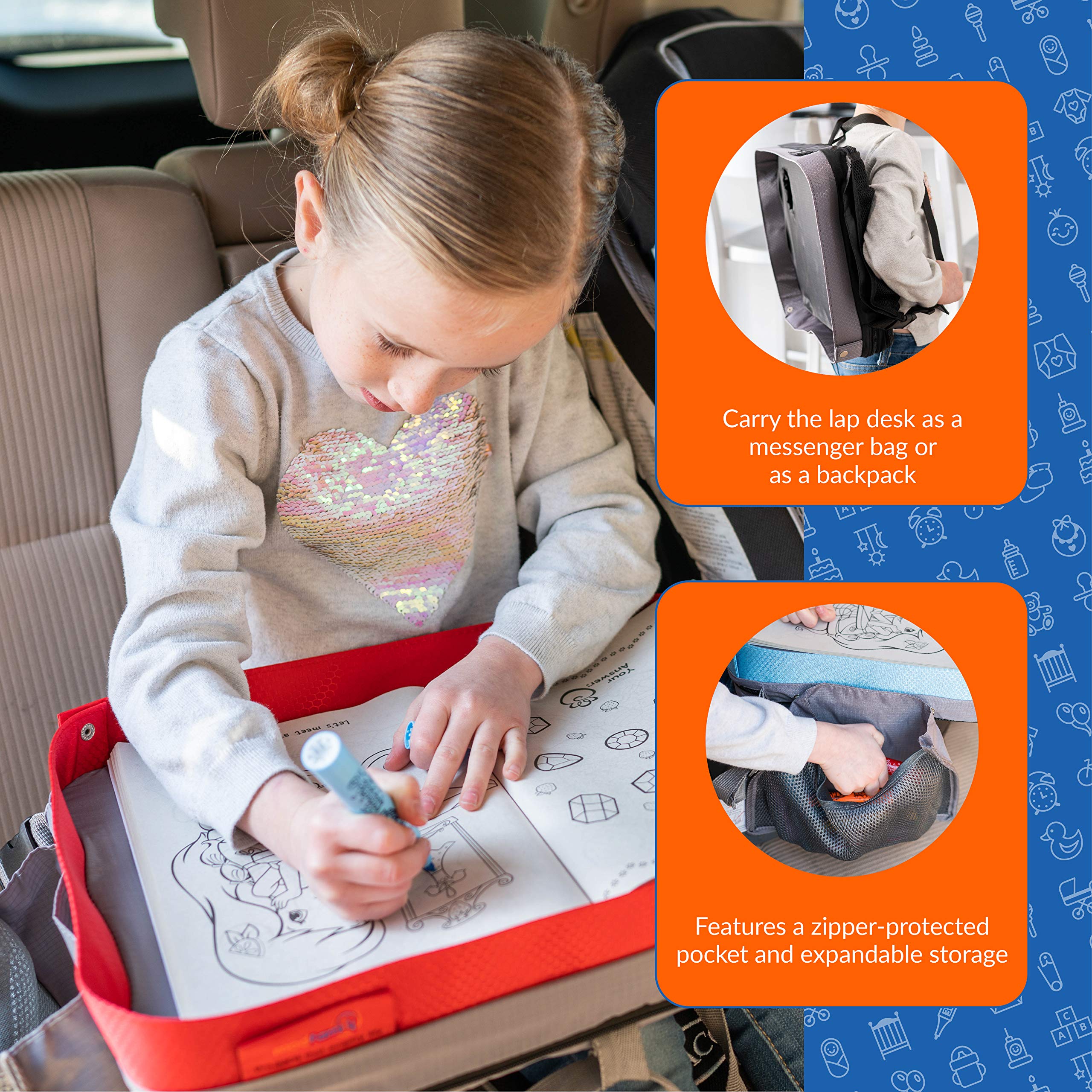 Kids E-Z Travel Lap Desk Tray by modFamily - Universal Fit for Car Seat, Stroller & Airplane - Organized Access to Drawing, Snacks, and Activities. Includes Bonus Printable Travel Games - (Red)