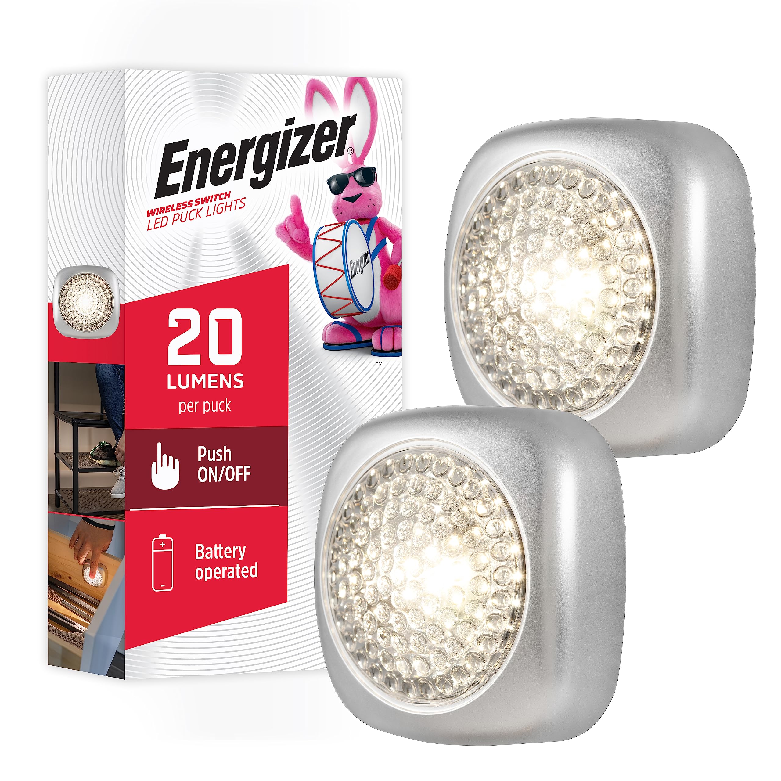 Energizer LED Tap Light, 2 Pack, Silver, Battery Operated, Wireless Lights, Stick On Light, Portable, Under Cabinet Lighting, Push Light, Ideal for Kitchen Under Cabinet, Closets, and More, 37107