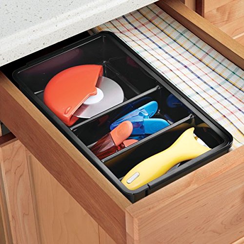 InterDesign Linus Expandable Kitchen Drawer Organizer for Silverware, Spatulas, Gadgets - 12" x 7" x 2.3", Black