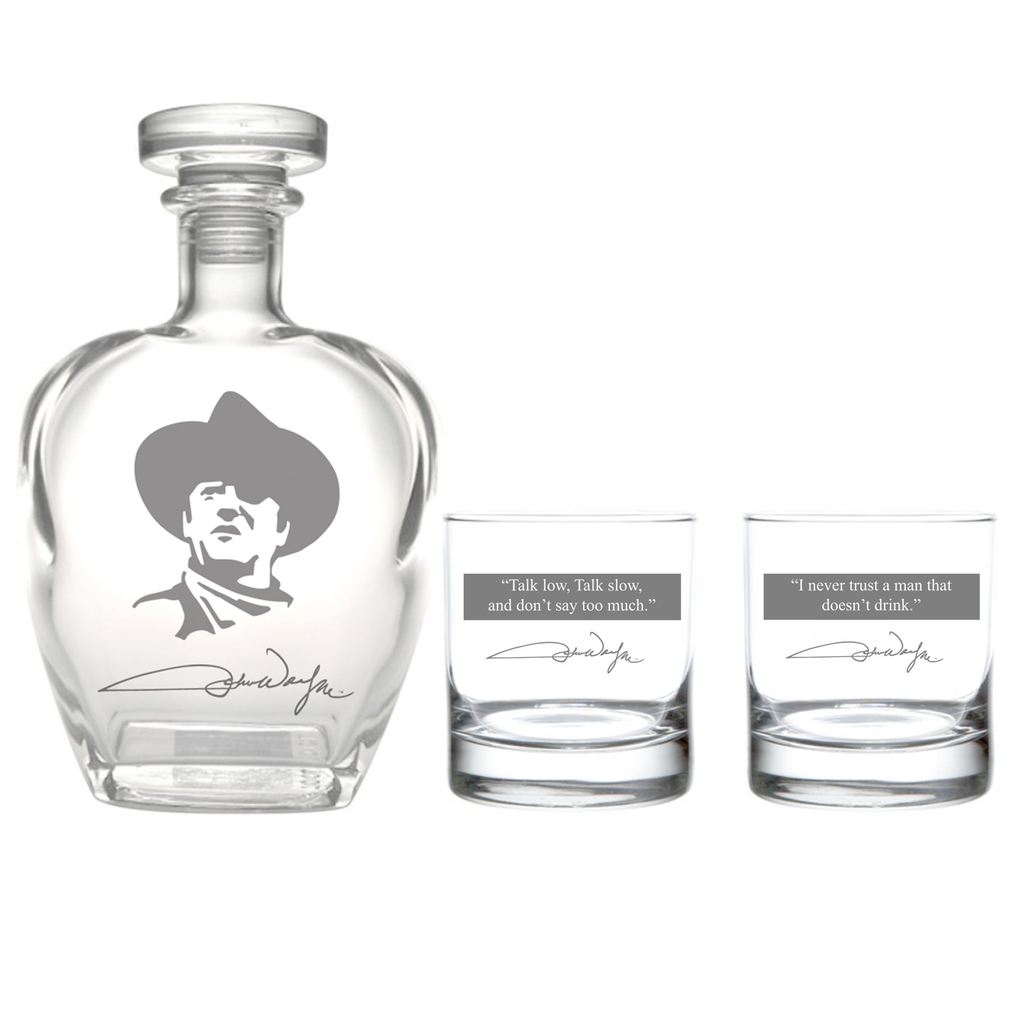 Rolf Glass John Wayne Quote Series 1 Whiskey Decanter with On the Rocks, Set of 2, 28oz 11oz OTR, Clear