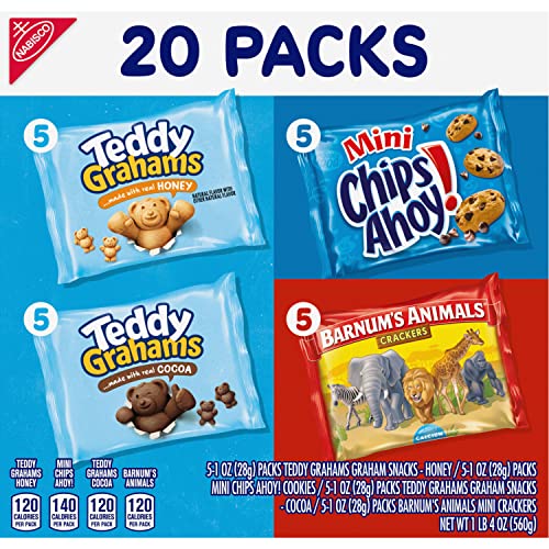 Nabisco Fun Shapes Variety Pack, Barnum's Animal Crackers, Teddy Grahams and CHIPS AHOY! Cookies, 20 Snack Packs