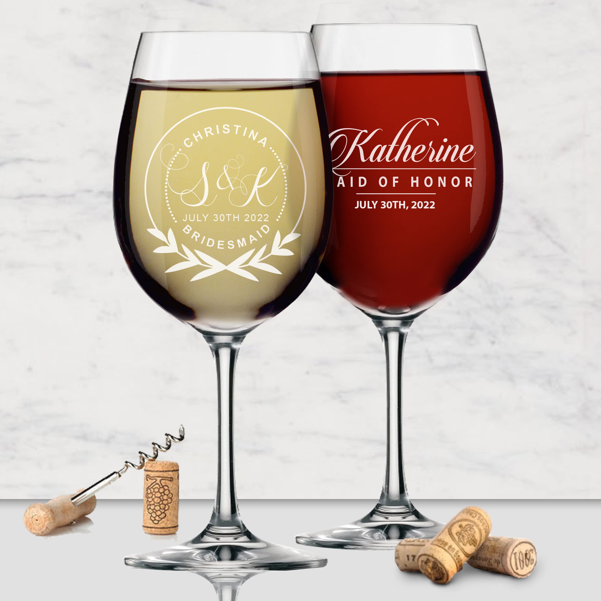 The Wedding Party Store, Personalized Bridesmaids Wedding Party Wine Glasses - Custom Etched and Engraved