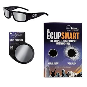 celestron – 3-pc eclipsmart safe solar observing & imaging kit – meets iso 12312-2:2015(e) standards – premium solar safe filter technology – includes eclipse glasses + photo filter + eclipse book