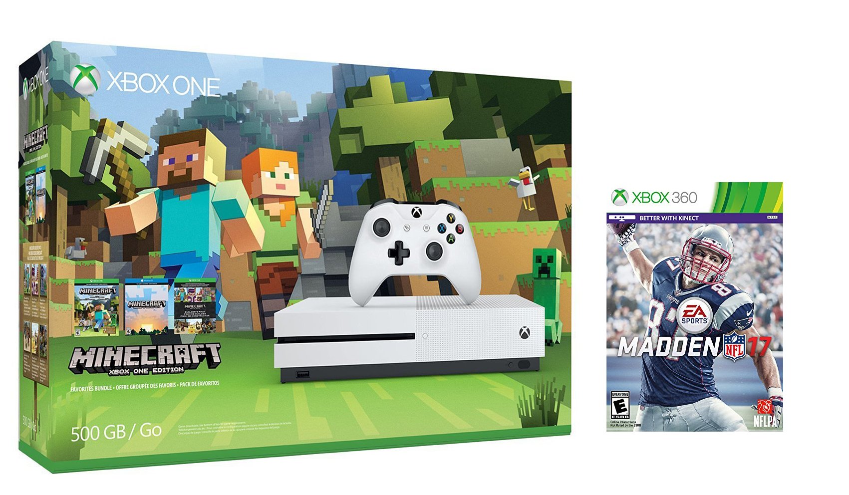 Xbox one S Console Bundle 2 items:Xbox One S 500GB Console - Minecraft Bundle,Madden NFL 17 Game Disc