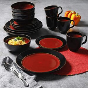 Gibson Elite Bella Galleria Round Reactive Glaze Stoneware Dinnerware Set, Service for 4 (16pcs), Red/Black