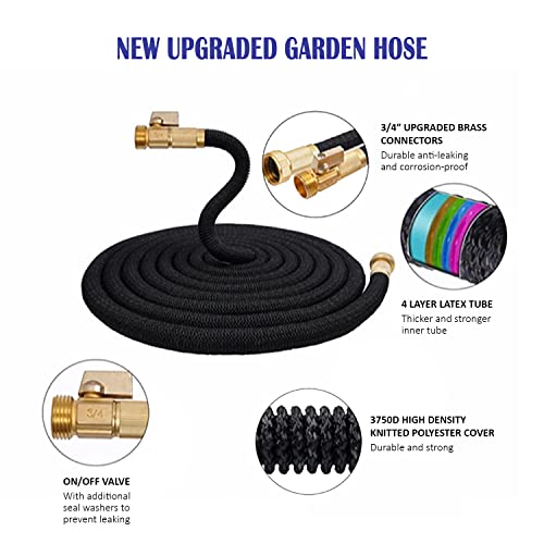 J&B XpandaHose 75ft Expandable Garden Hose with Holder - Heavy Duty Superior Strength 3750D - 4 -Layer Latex Core - Extra Strong Brass Connectors and 10 Spray Nozzle w/Storage Bag (Black 75)