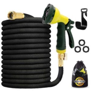 J&B XpandaHose 75ft Expandable Garden Hose with Holder - Heavy Duty Superior Strength 3750D - 4 -Layer Latex Core - Extra Strong Brass Connectors and 10 Spray Nozzle w/Storage Bag (Black 75)